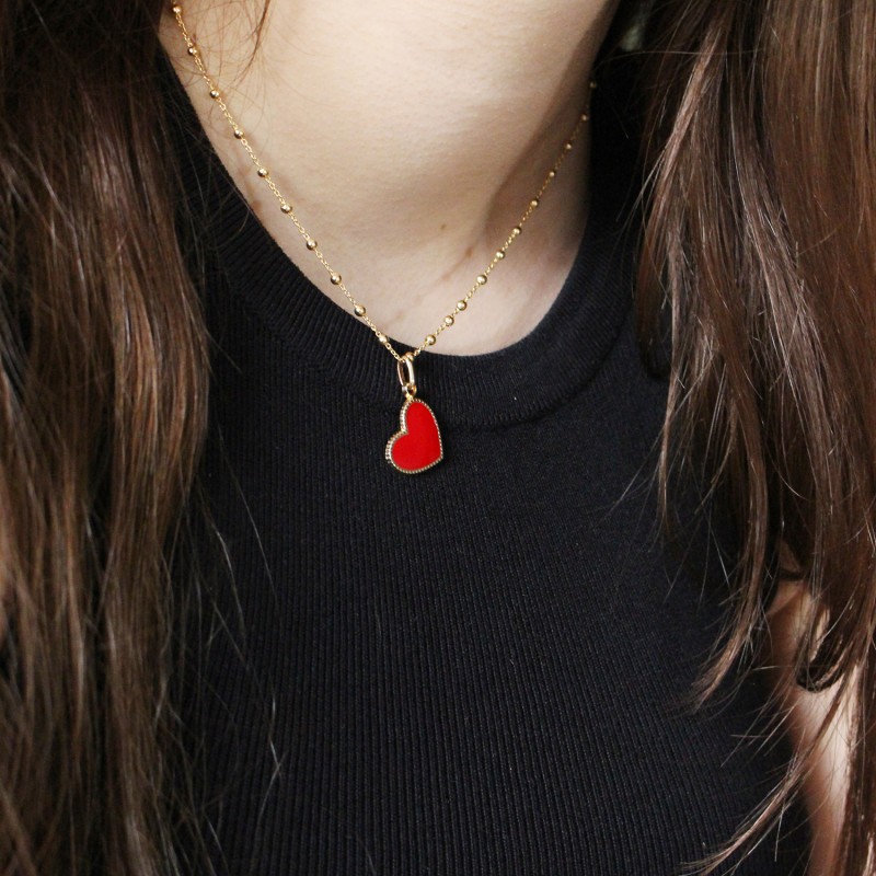 Collier chaine perlée coeur rouge perlé à graver - Petits Trésors